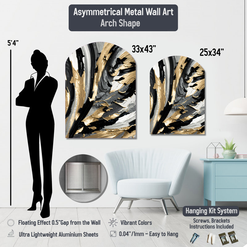 Design Art Back And Gold Marble Medley III - Asymmetrical Abstract Marble Metal Wall Decor, Arch ...